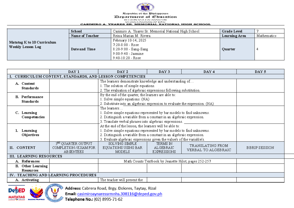 Mathematics Lesson Exemplar 4Q Week 1 - Grade 7 Curriculum Plans - Studocu