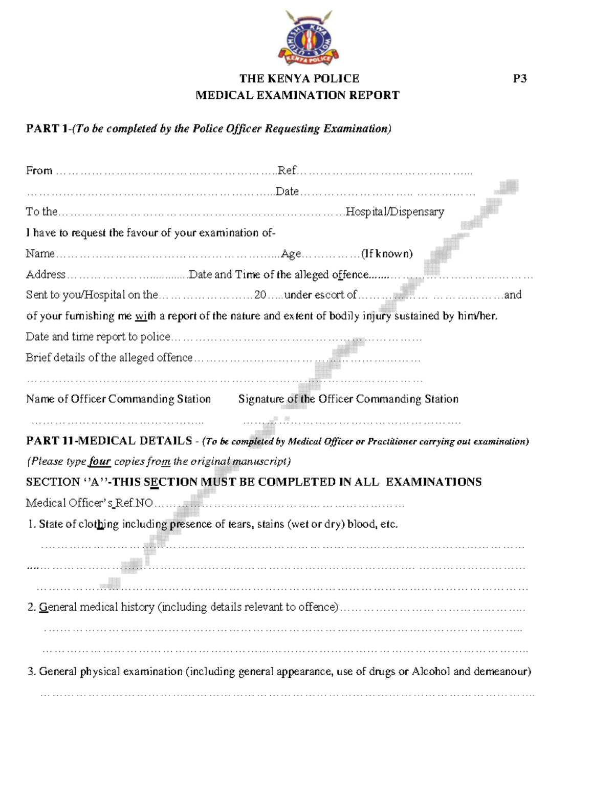 P3 Medical Examination Report for Kenya Police Officers - Studocu
