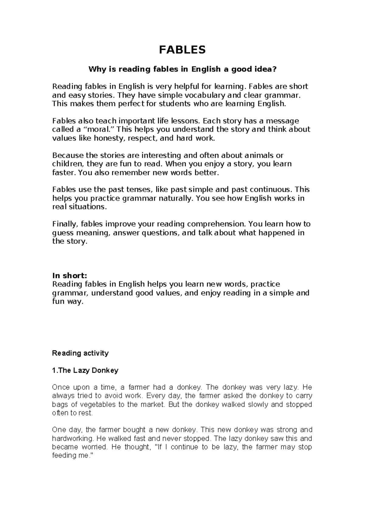 Reading Activity: Fables and Their Life Lessons - Studocu