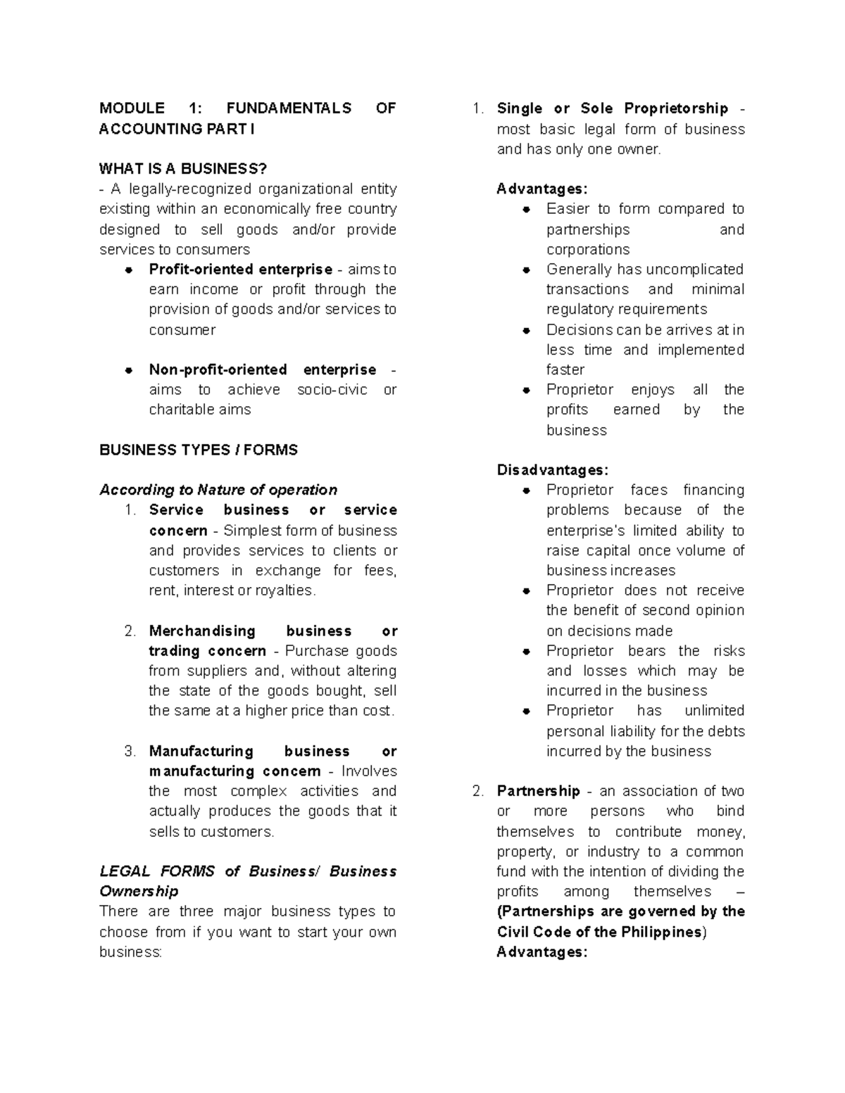 MODULE 1: FUNDAMENTALS OF ACCOUNTING - BUSINESS TYPES & OWNERSHIP - Studocu