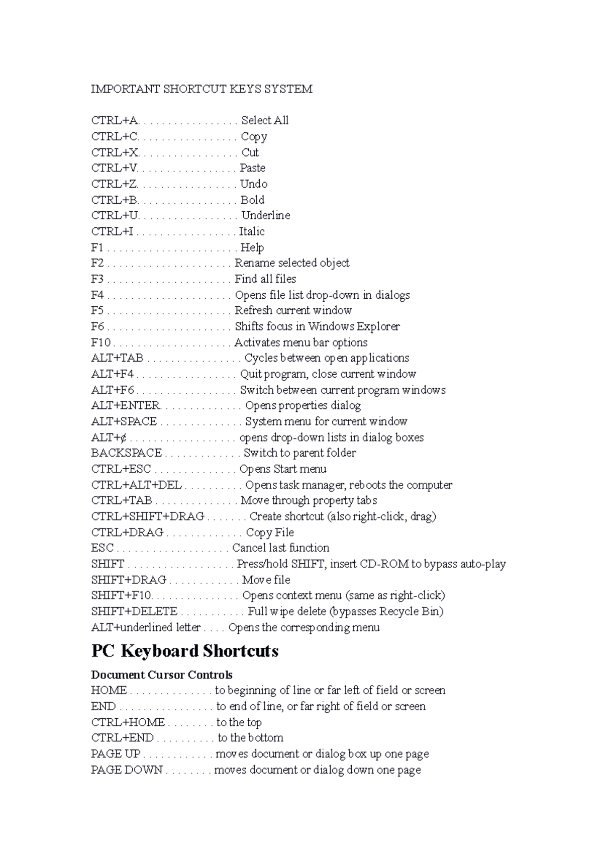 IMPORTANT SHORTCUT KEYS SYSTEM - IMPORTANT SHORTCUT KEYS SYSTEM CTRL+A................. Select ...