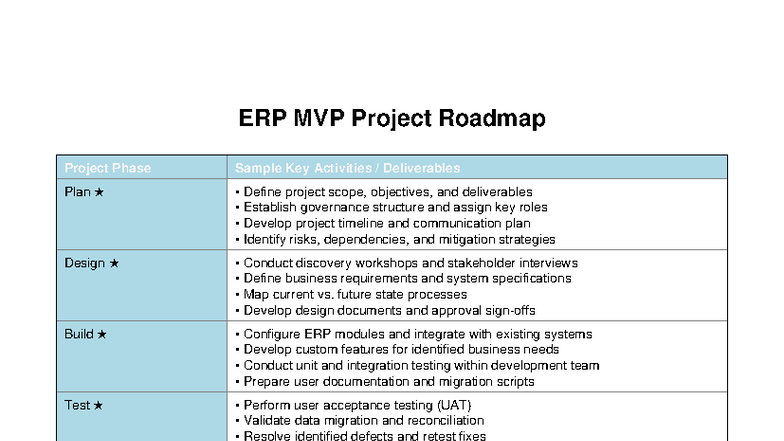 ERP MVP Project Roadmap: Key Activities & Deliverables Plan - Studocu