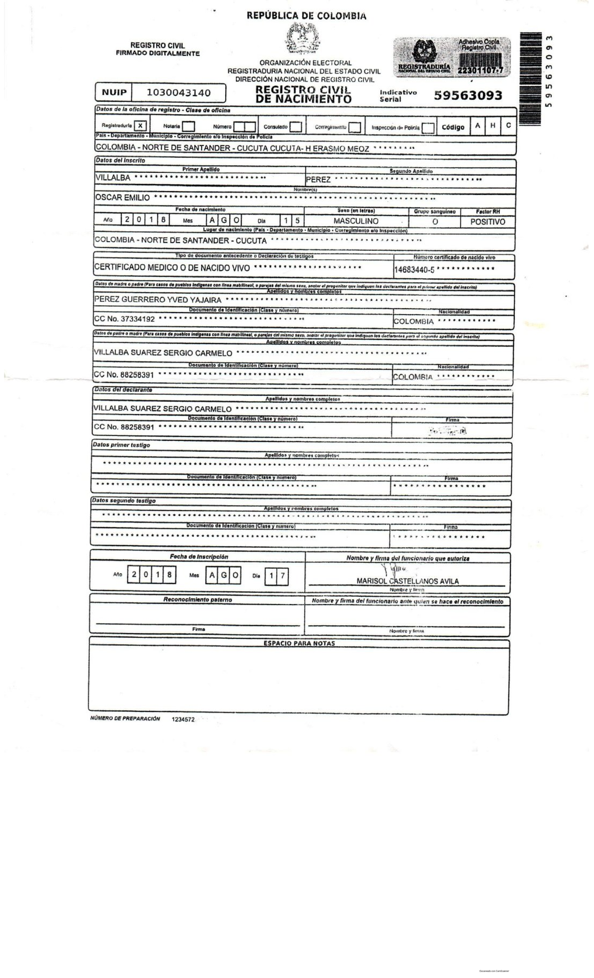 TI Y RC - 1234567891 - REPUBLICA DE COLOMBIA 3 Adhesivo Copla REGISTRO ...