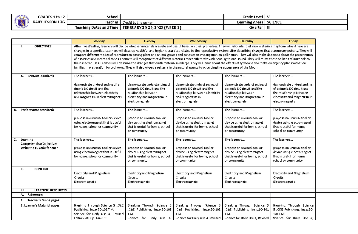 Grade 5 DLL Science 5 Q3 Week 2 - GRADES 1 to 12 DAILY LESSON LOG ...