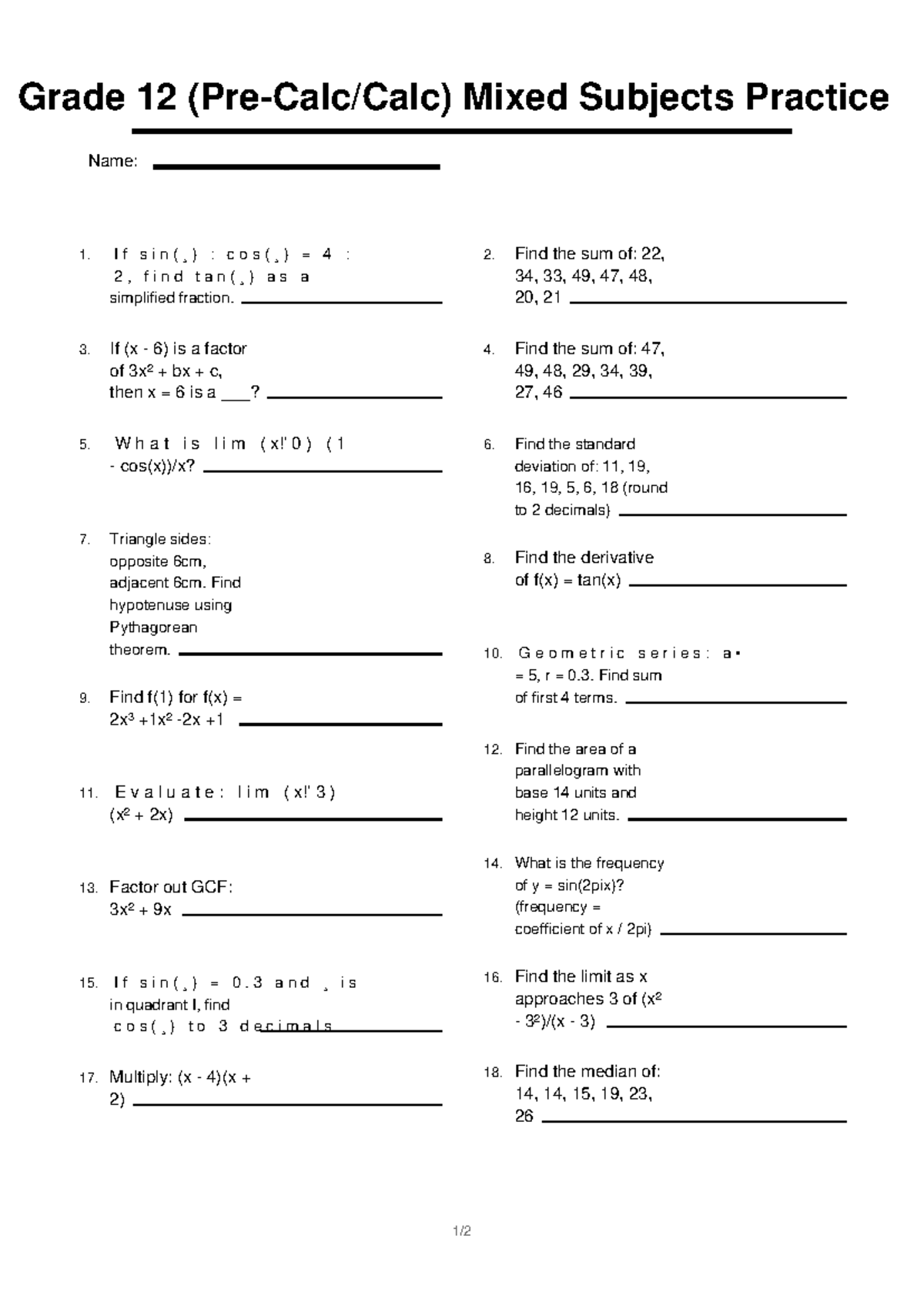 Grade 12 Math (Calc) Mixed Subjects Practice Questions - Studocu
