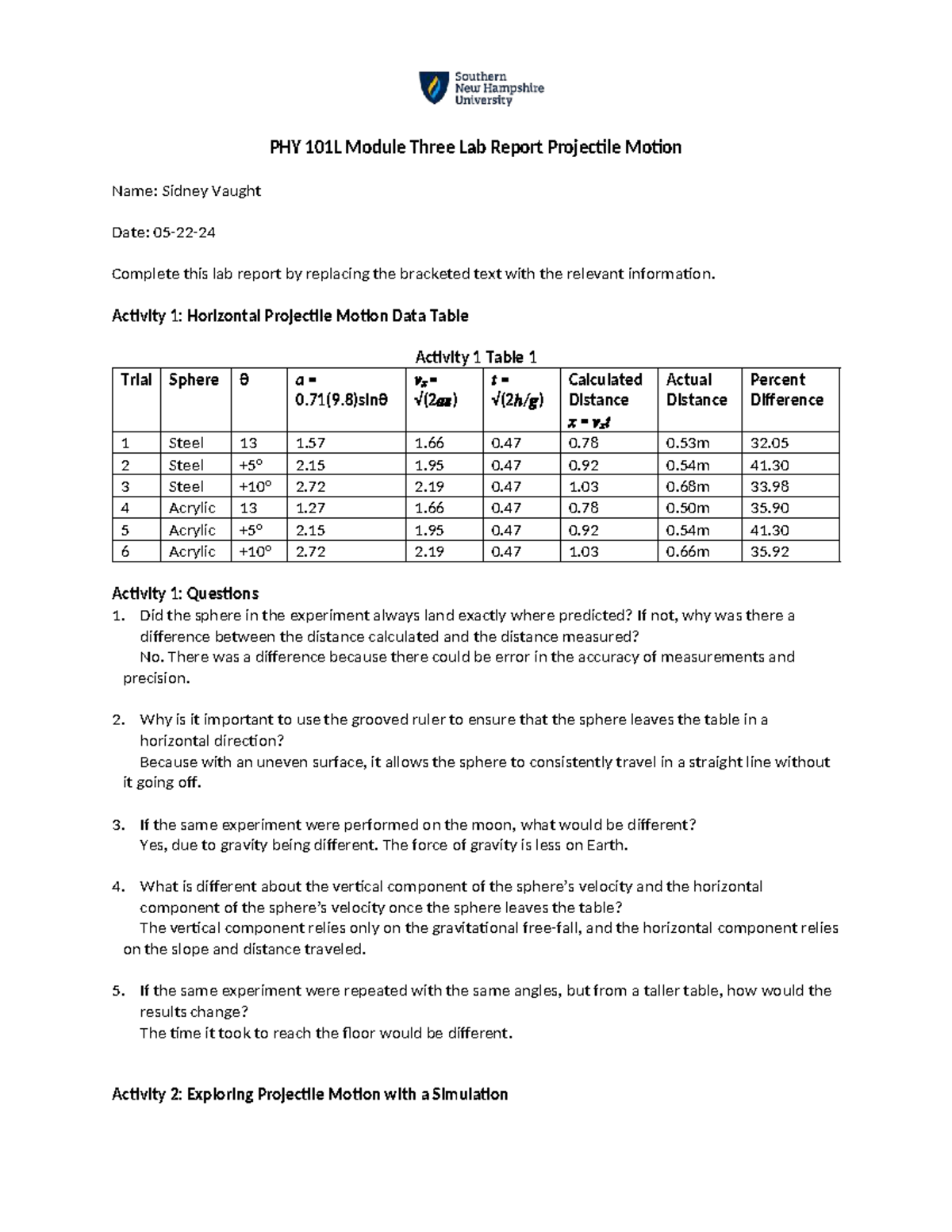 PHY 101L Final Lab Report on Projectile Motion Analysis - Studocu