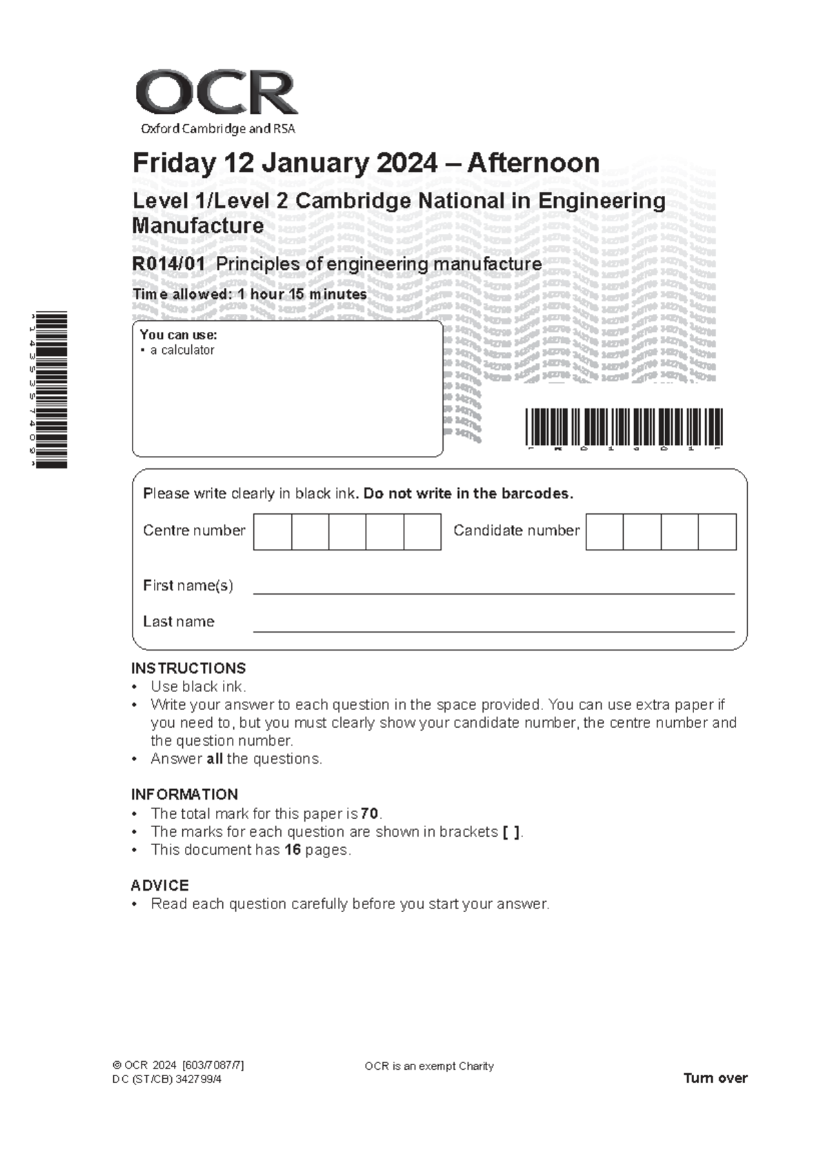 OCR Level 2 Cambridge National Engineering Manufacture Principles Exam ...