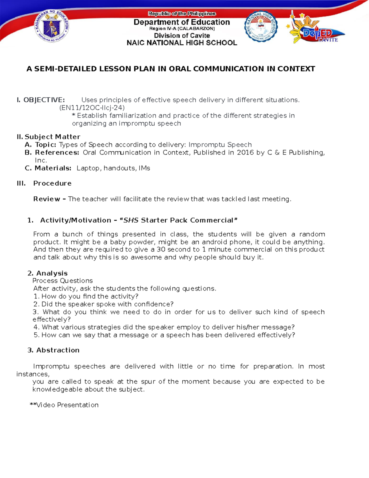 Impromptu Speech Strategies: A Semi-Detailed Lesson Plan (EN11/12OC ...