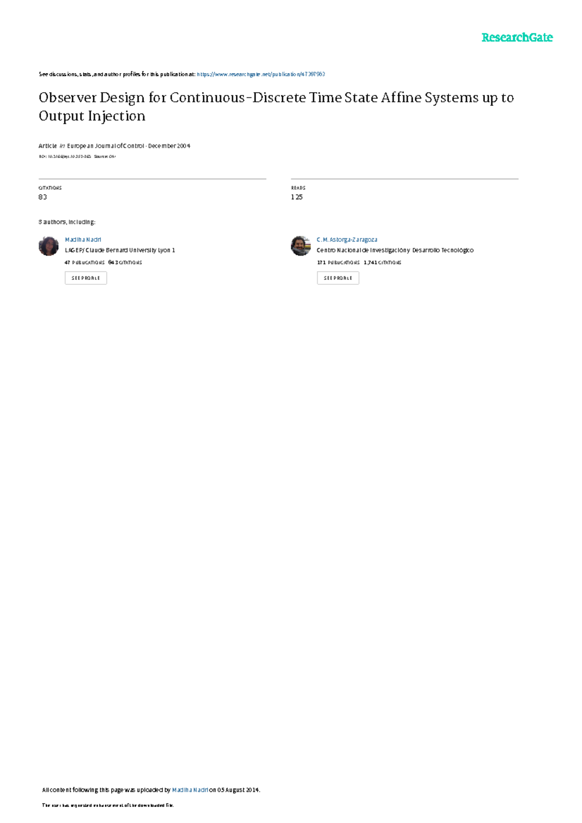 Observer Design for Continuous-Discrete Time State Affine Systems (EJC ...