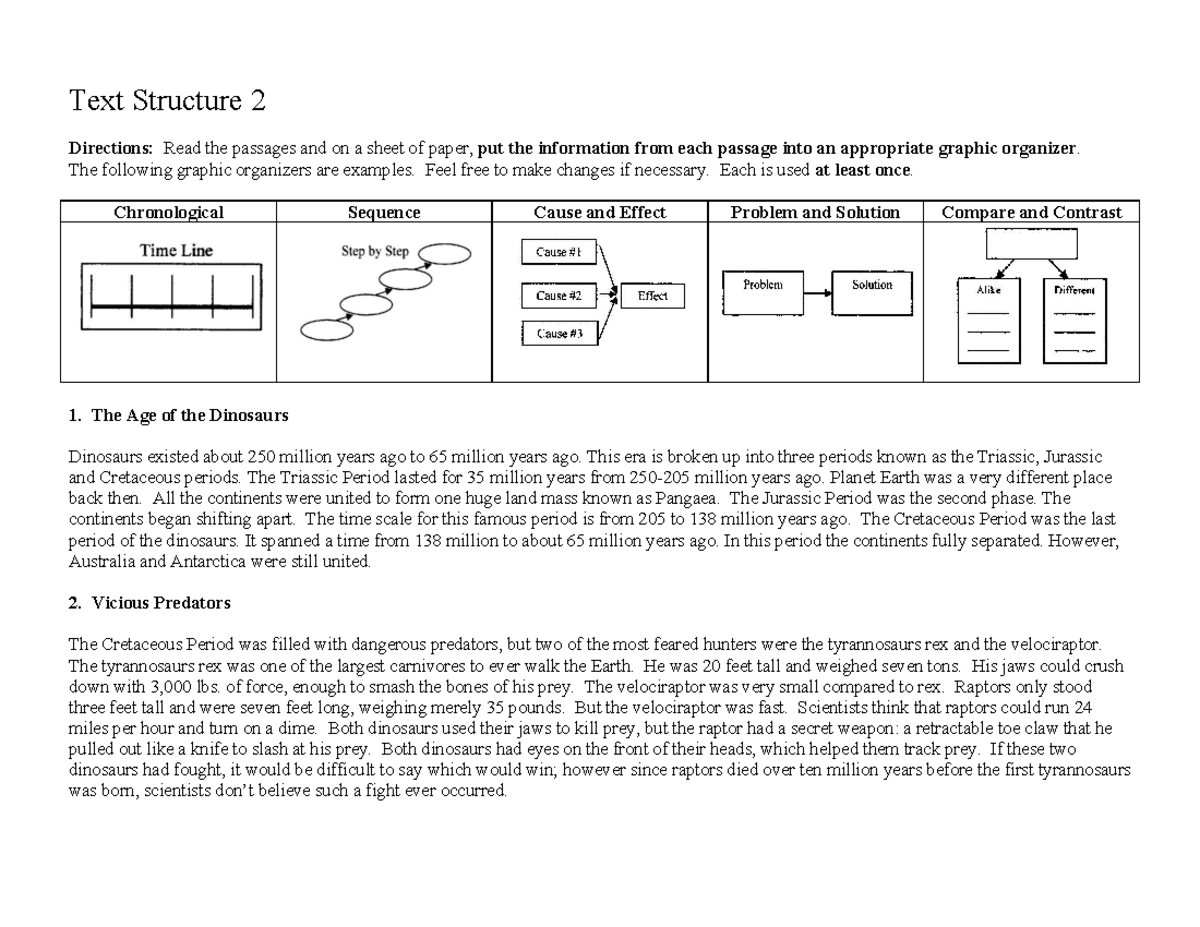 Text Structure 2: Dinosaurs and Their Era - Graphic Organizer Guide ...
