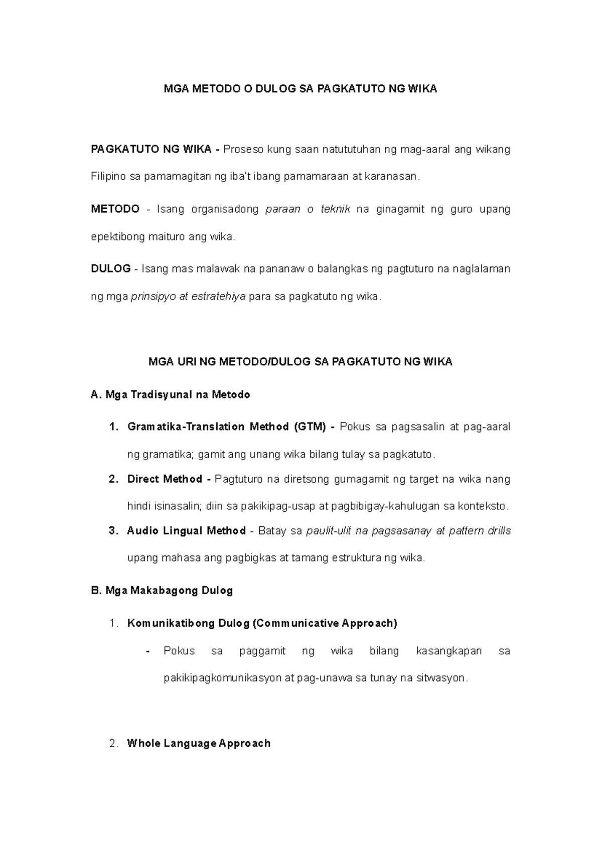 Filipino Language Learning Methods and Theories - MGA METODO AT DULOG ...
