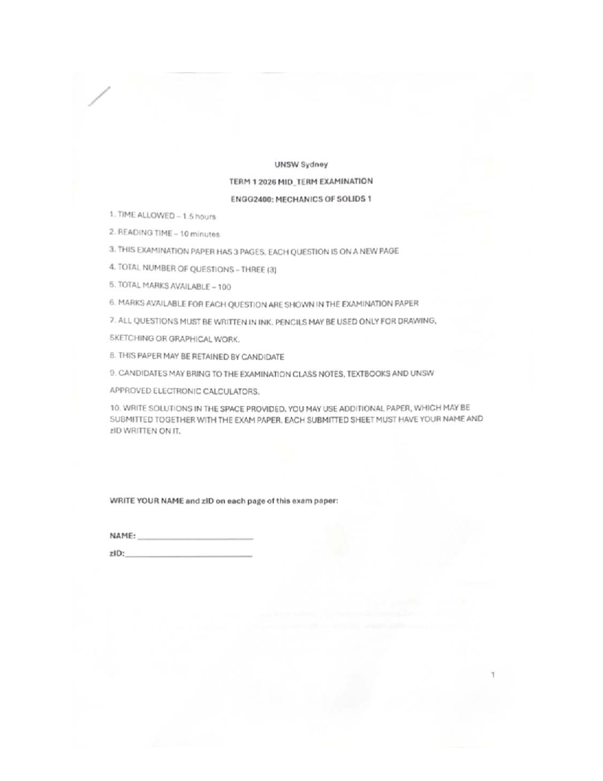 ENGG2400 MIDTERM EXAMINATION TERM 12026: MECHANICS OF SOLIDS 1 - Studocu