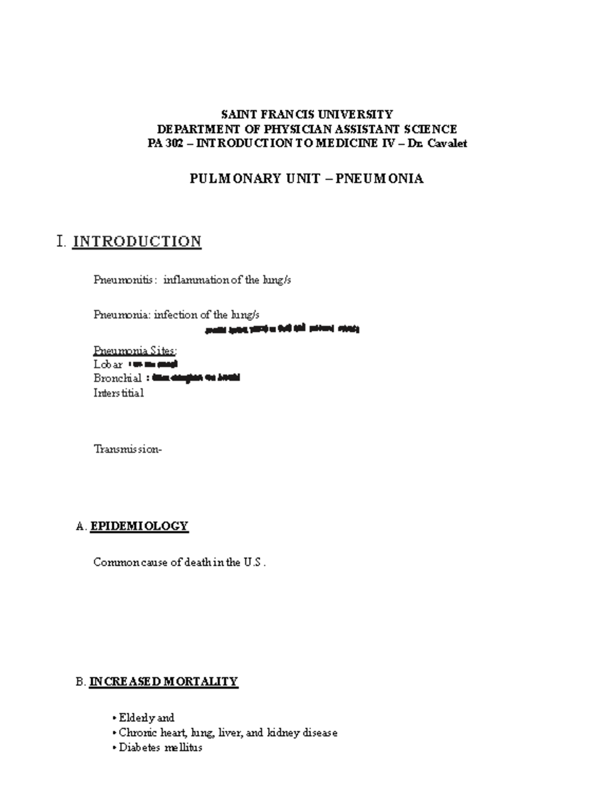 PA 302 Pulmonary Unit: Comprehensive Overview of Pneumonia - Studocu