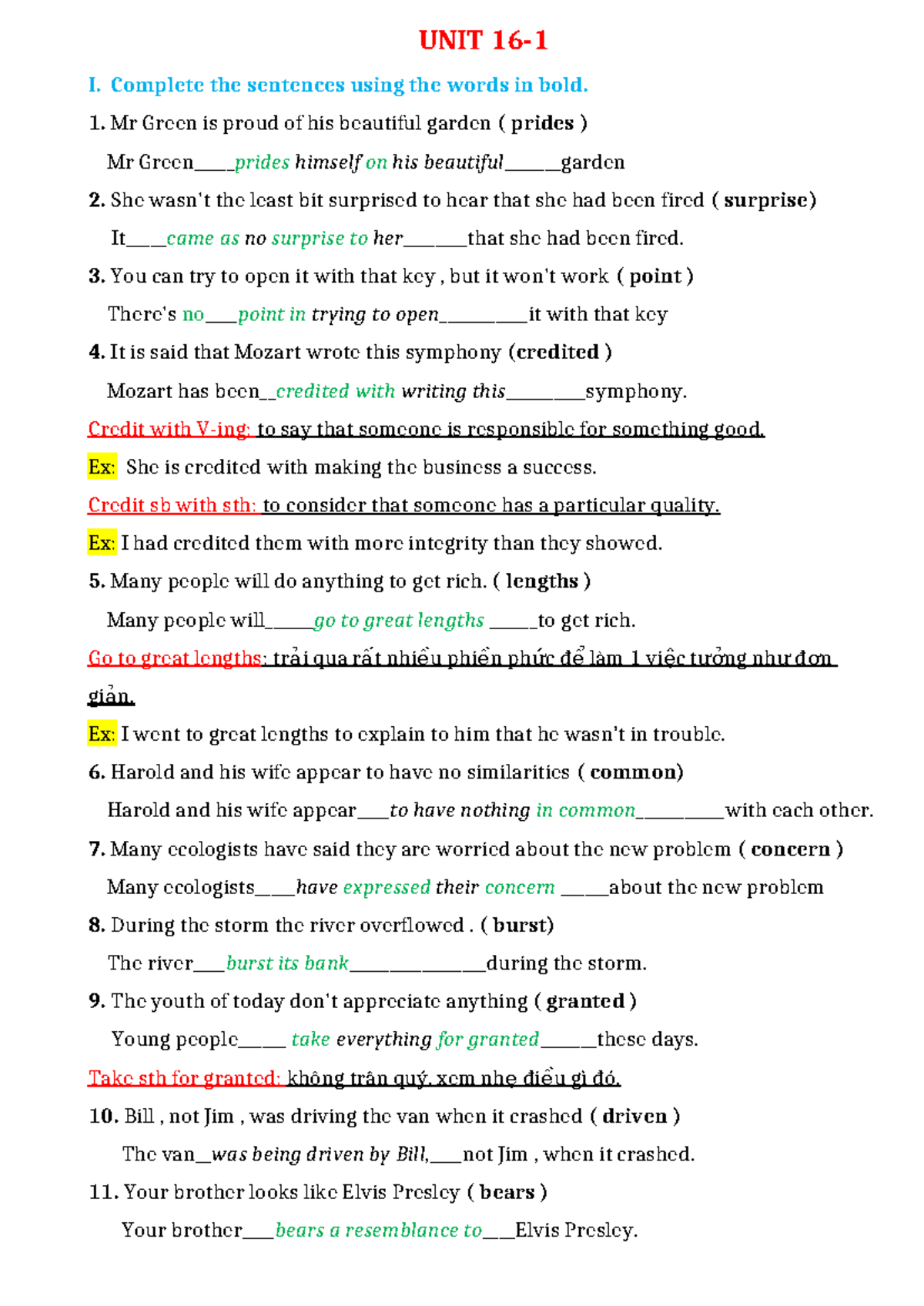 UNIT I - Sentence Completion Exercises with Vocabulary - Studocu