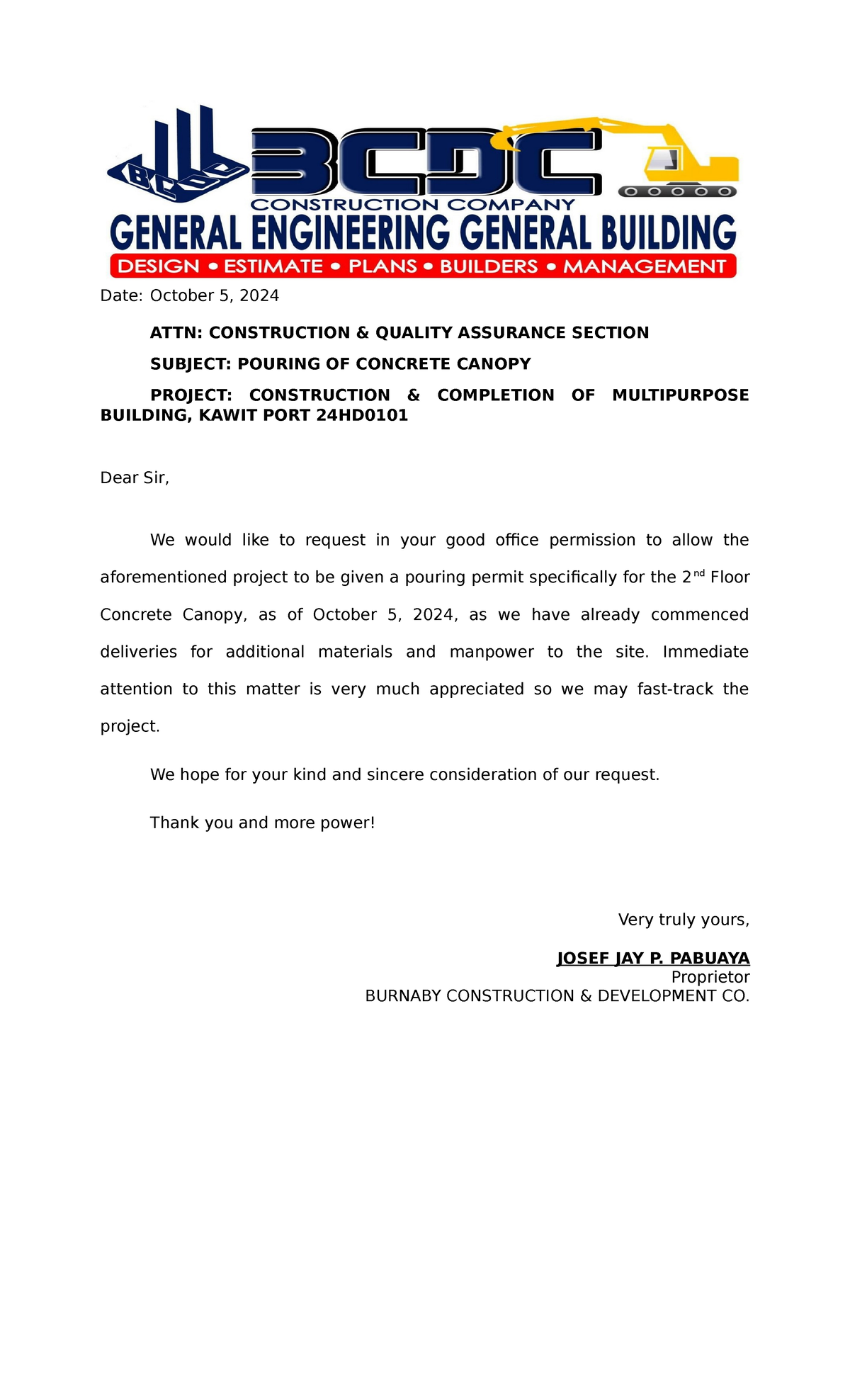 Request for Pouring Permit: Concrete Canopy at Kawit Port 24HD - Studocu
