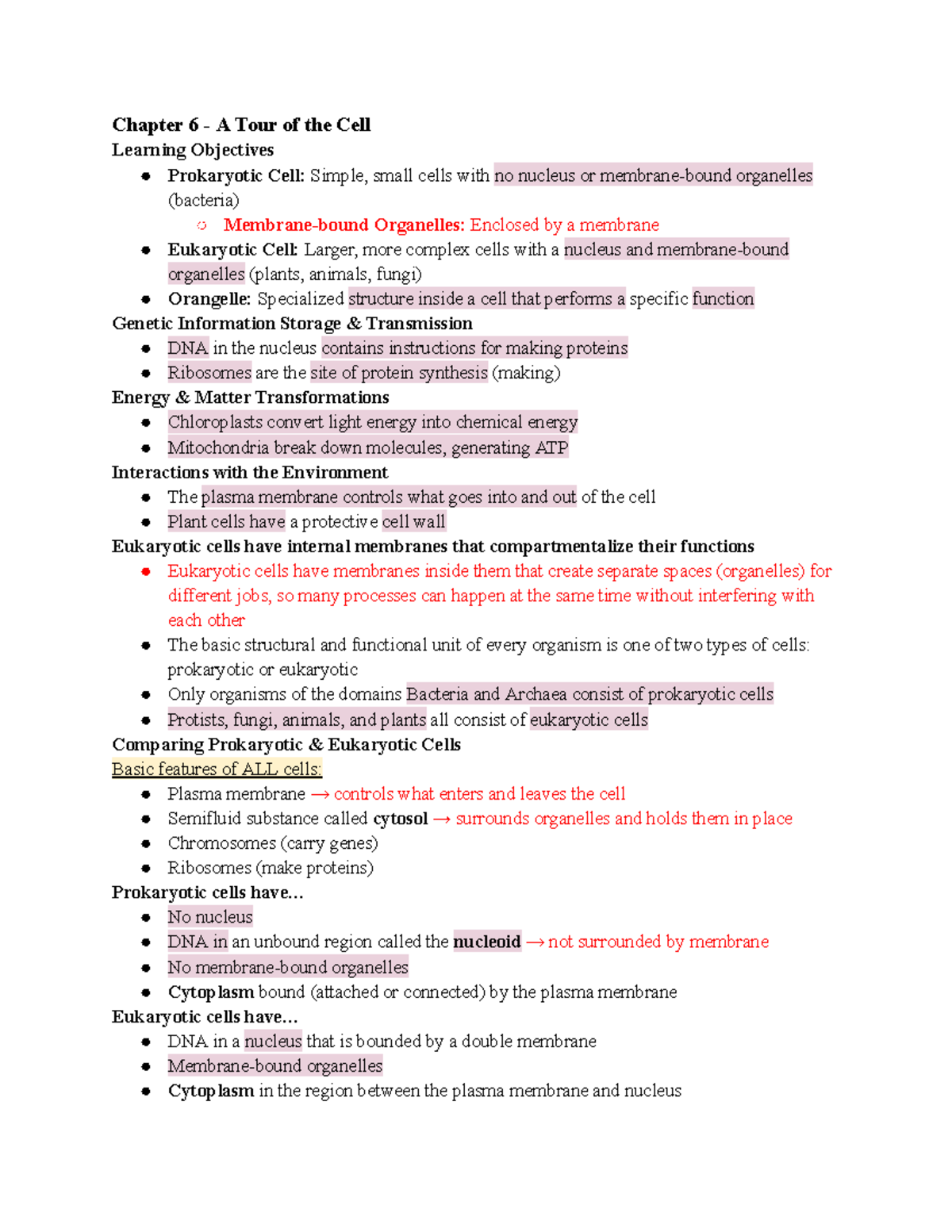 Biology DC Notes & Review: Chapter 6 - A Tour of the Cell - Studocu