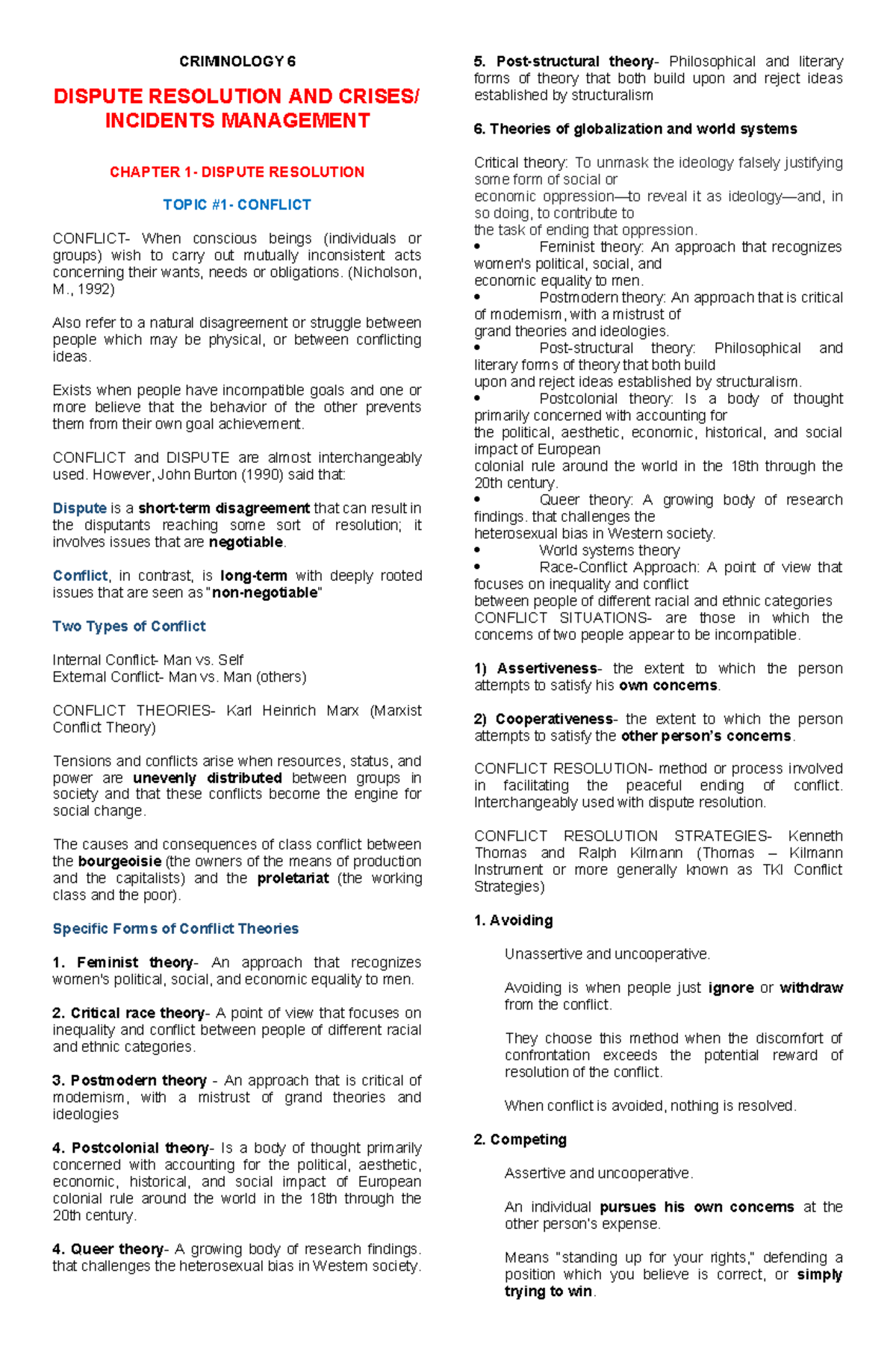 CRIMINOLOGY 6 CHAPTER ON DISPUTE RESOLUTION AND CONFLICT MANAGEMENT ...
