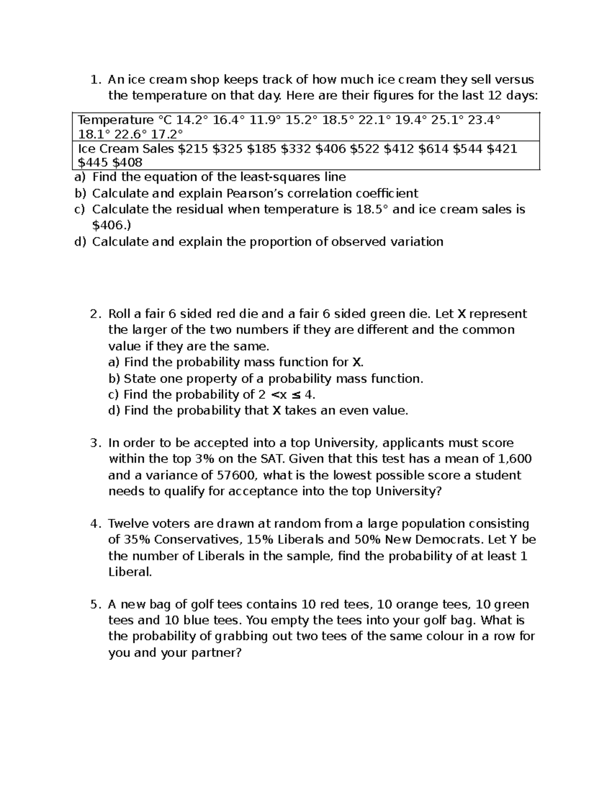 MATH 101: Midterm 2 Practice Questions on Statistics and Probability ...