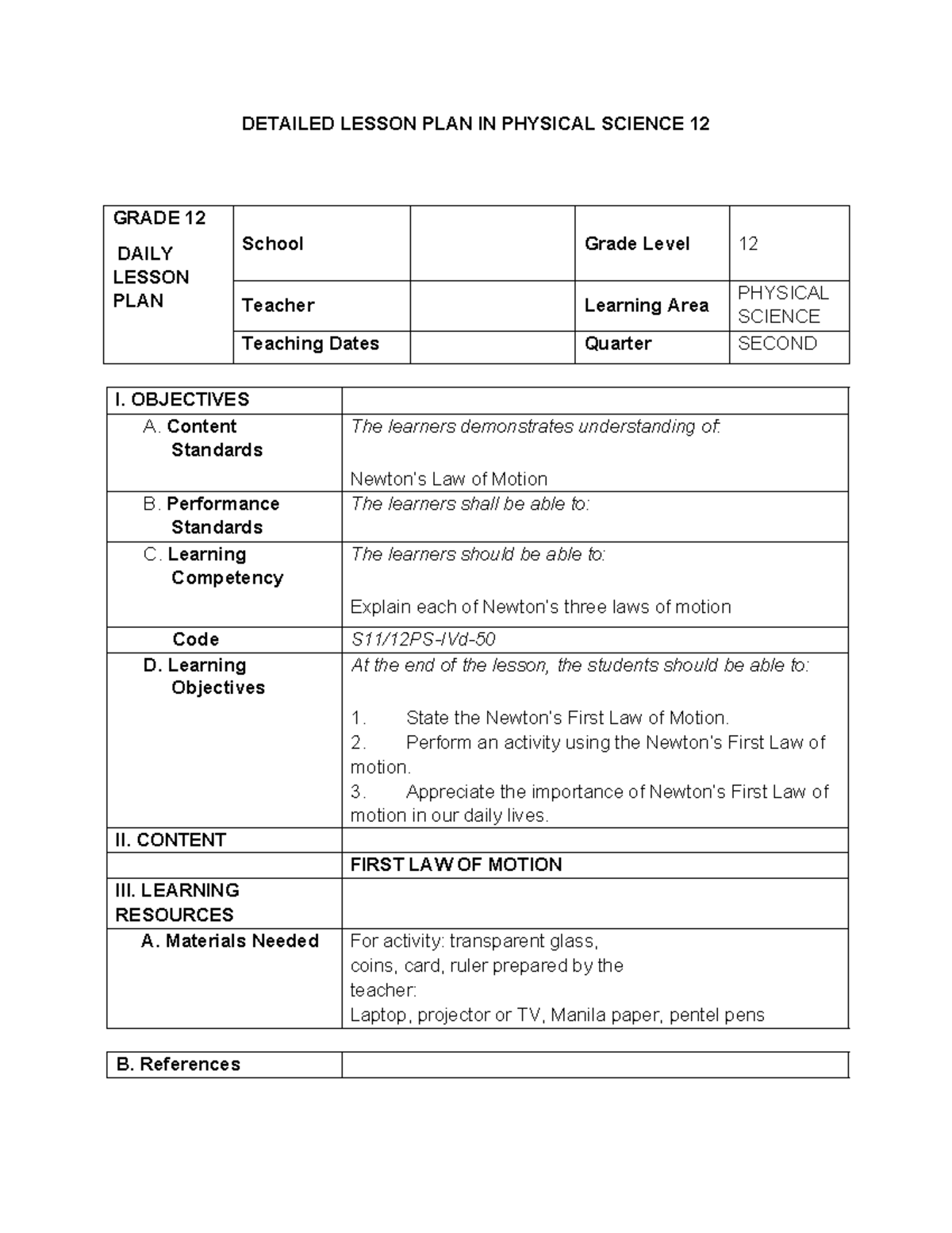 SHS - Grade 12 Detailed Lesson Plan on Newton's Laws of Motion - Studocu