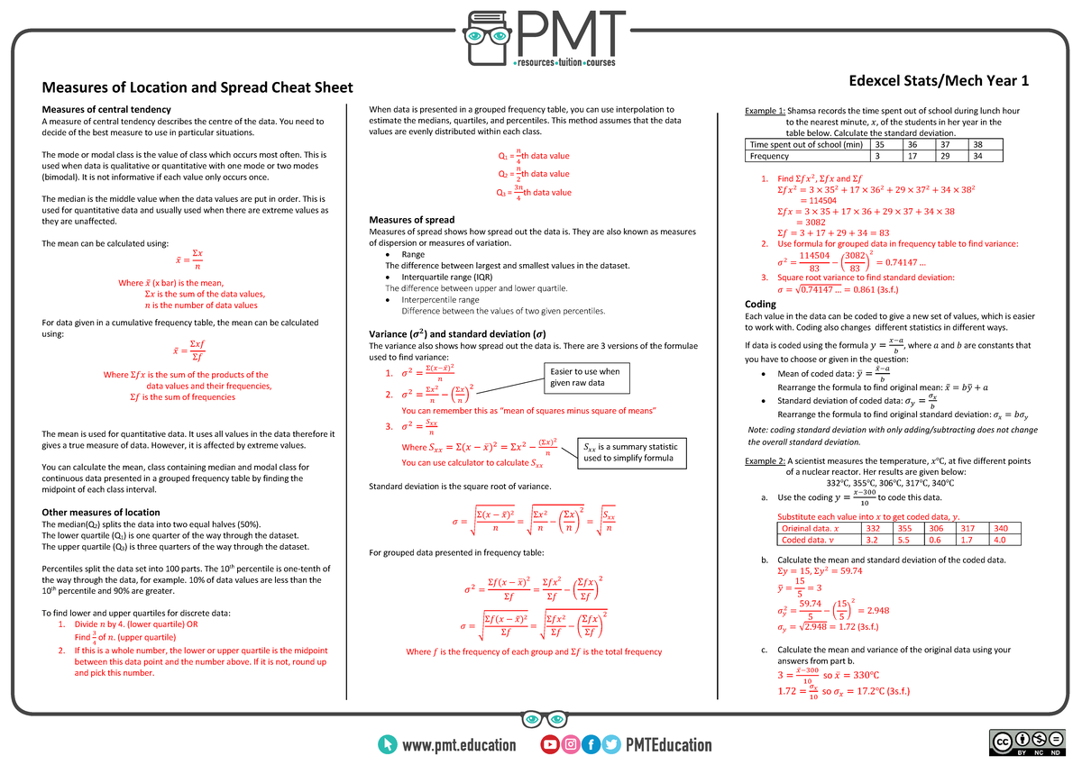 Ch.2 Measures of Location & Spread Cheat Sheet (Edexcel Year 1) - Studocu