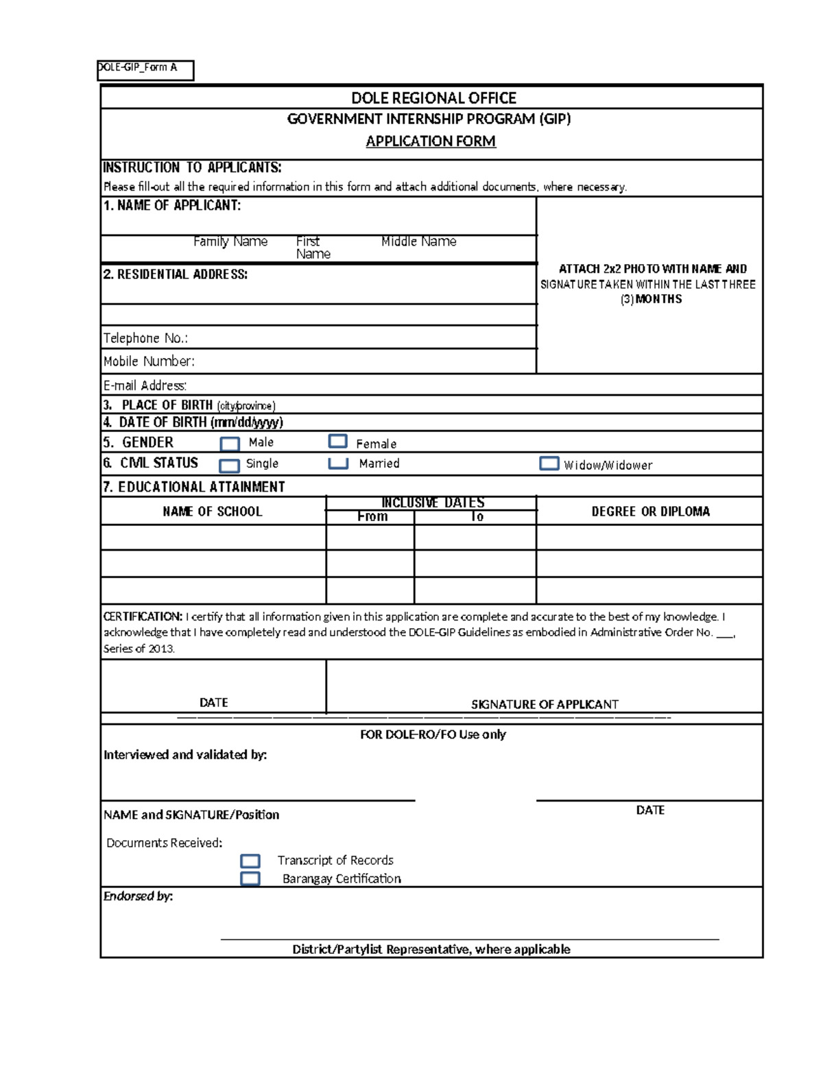 GIP Application Form - This may help you for your internship - DOLE REGIONAL OFFICE GOVERNMENT ...