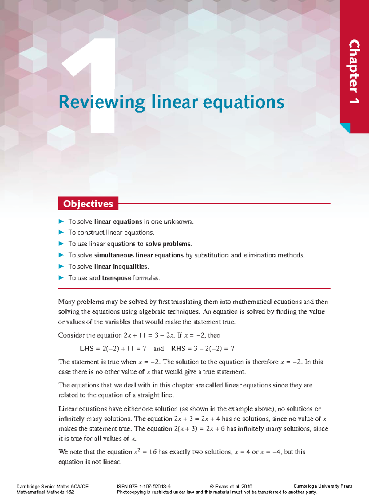 Chapter 1: Linear Equations Review for Cambridge Senior Maths AC/VCE ...