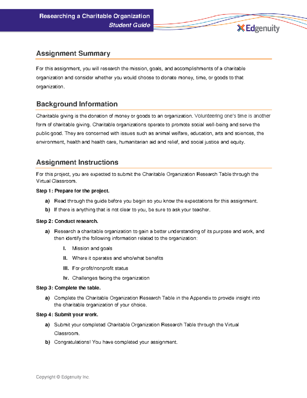 Researching a Charitable Organization: Student Guide Assignment - Studocu
