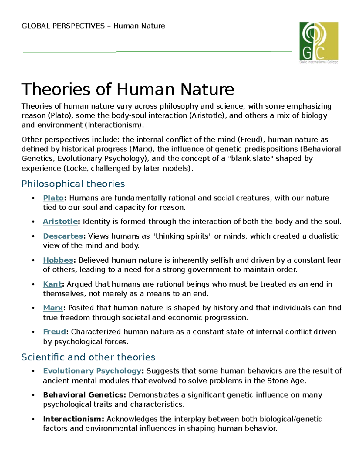 Theories of Human Nature: A Global Perspective on Human Nature - Studocu