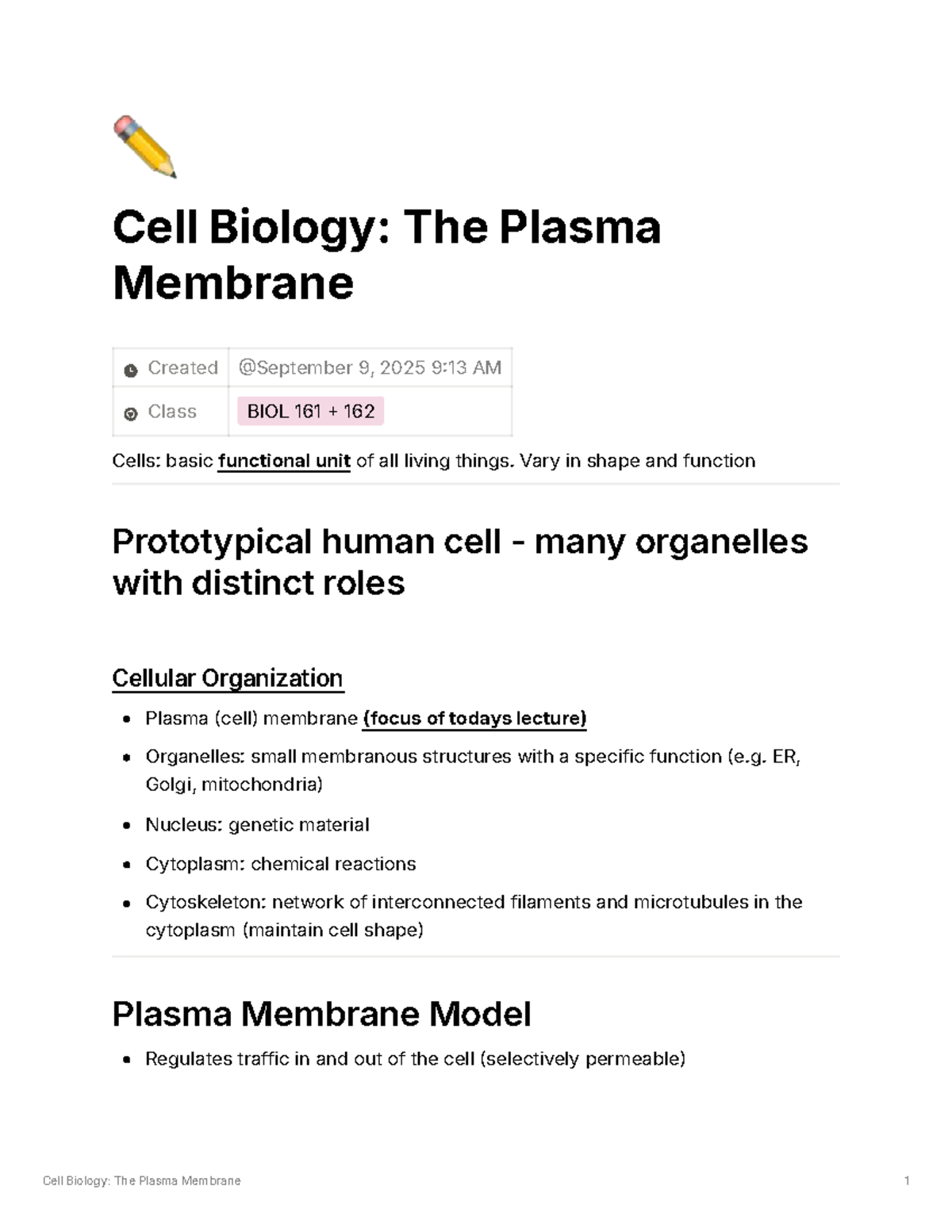 Cell Biology Lecture Notes: The Plasma Membrane - BIOL 161/162 - Studocu