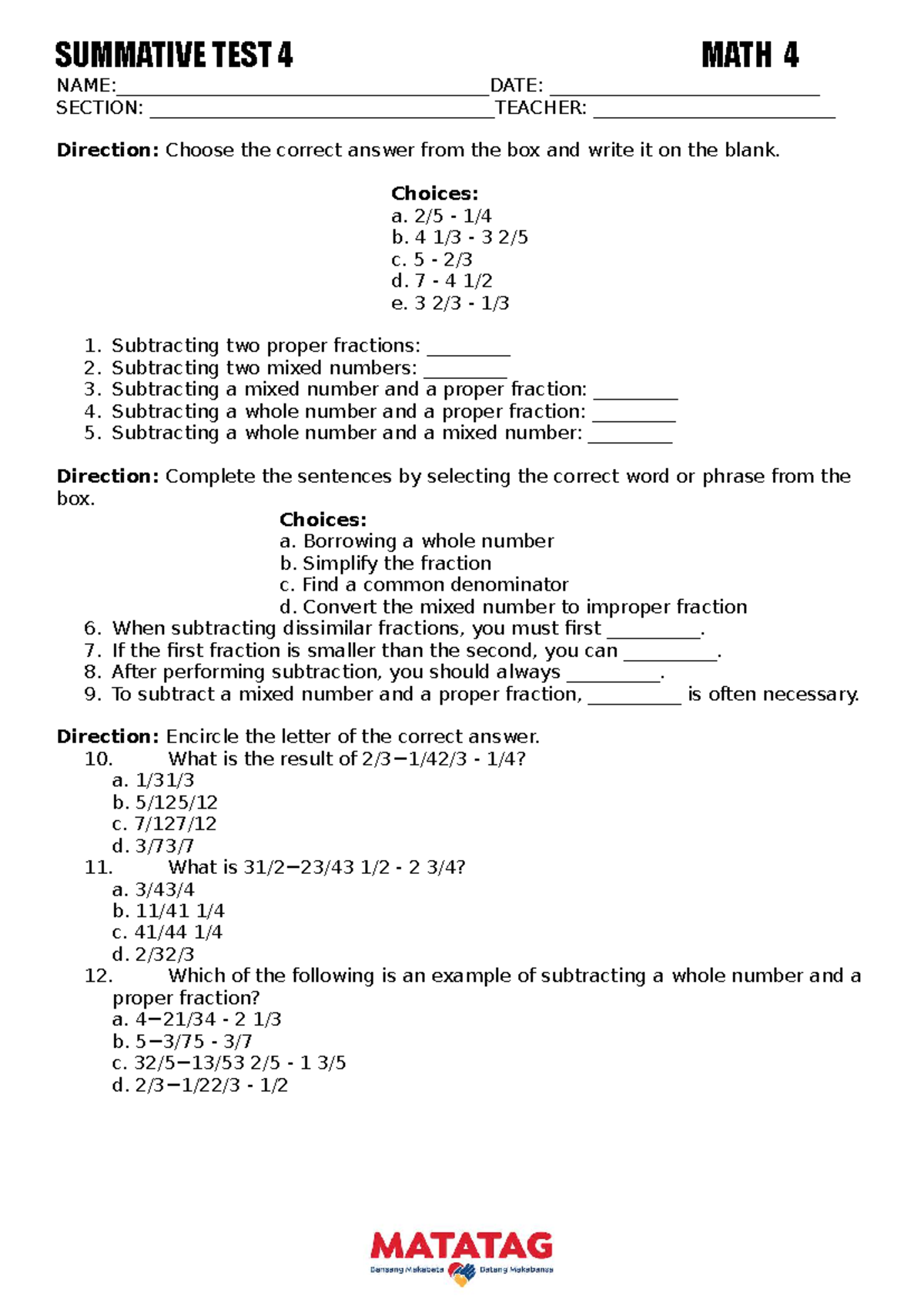 MATH 4 Summative Test 4: Subtraction & Symmetry Concepts - Studocu