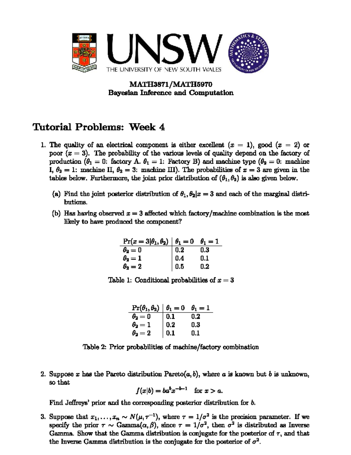 Bayesian Inference Tutorial Problems: Week 4 - SCIENTIA UNSW - Studocu