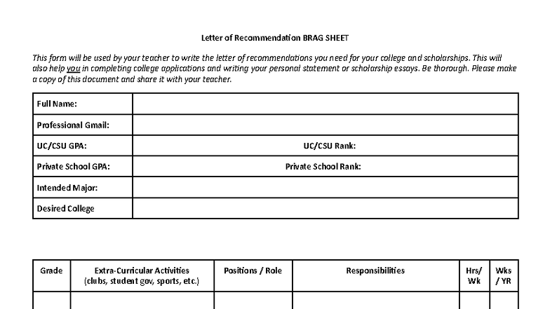 Copy of Letter of Recommendation Brag Sheet Template - Studocu