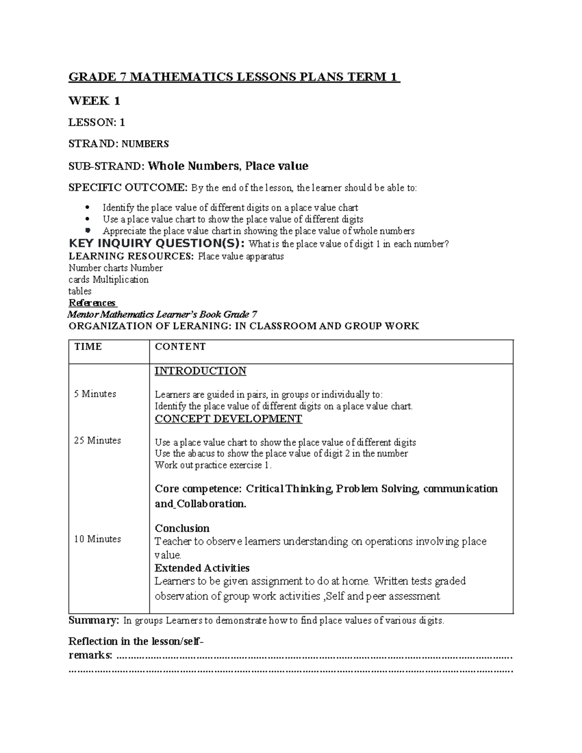 Grade 7 Mathematics Lesson Plans: Term 1 Overview and Activities - Studocu