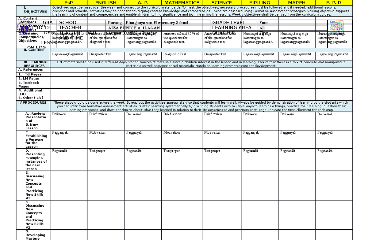 DLL Diagnostic Test Overview for Grade 4 - A. Ilagan - Studocu