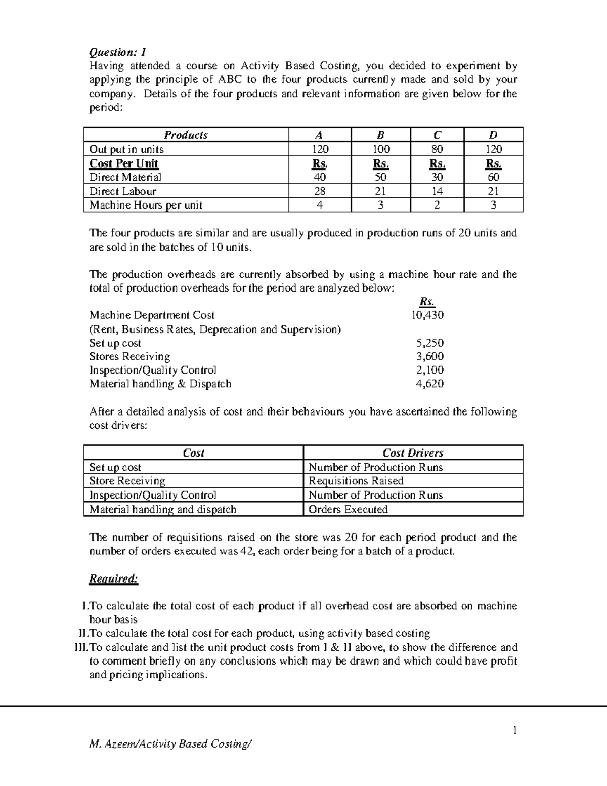 ABC - Abc question ama - 1 M. Azeem/Activity Based Costing/ Question: 1 ...