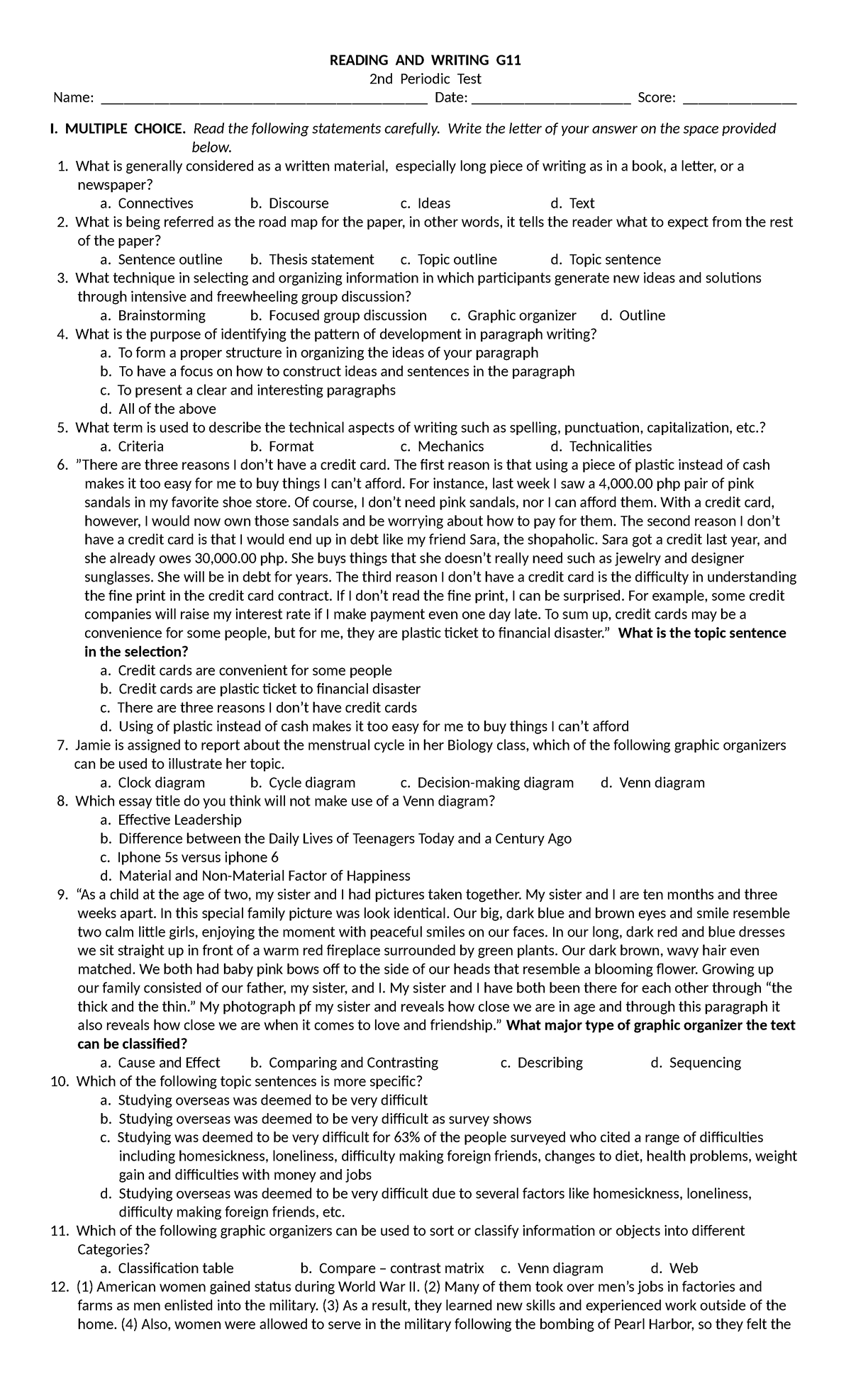 G11 READING AND WRITING 2nd Periodic Test Review Questions - Studocu