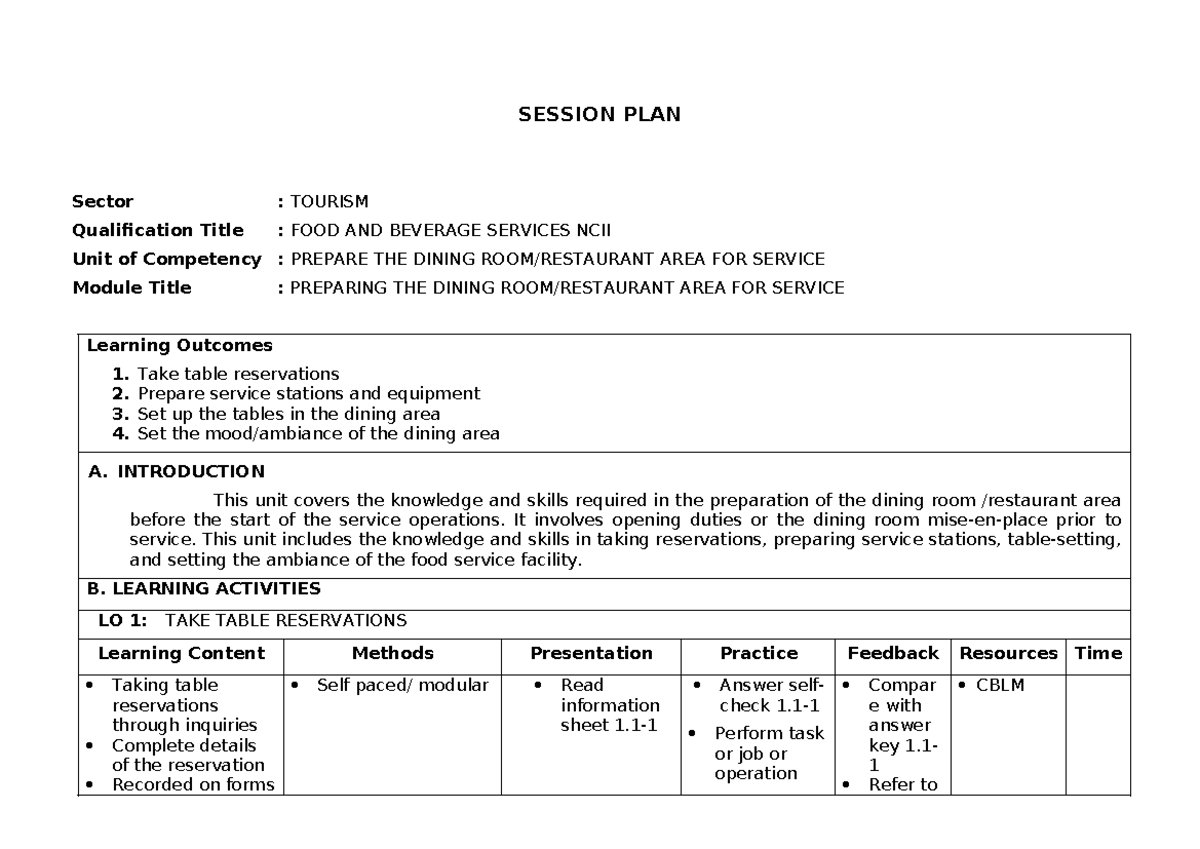 Session Plan - FBS NC II-Core 1: Preparing the Dining Area for Service ...