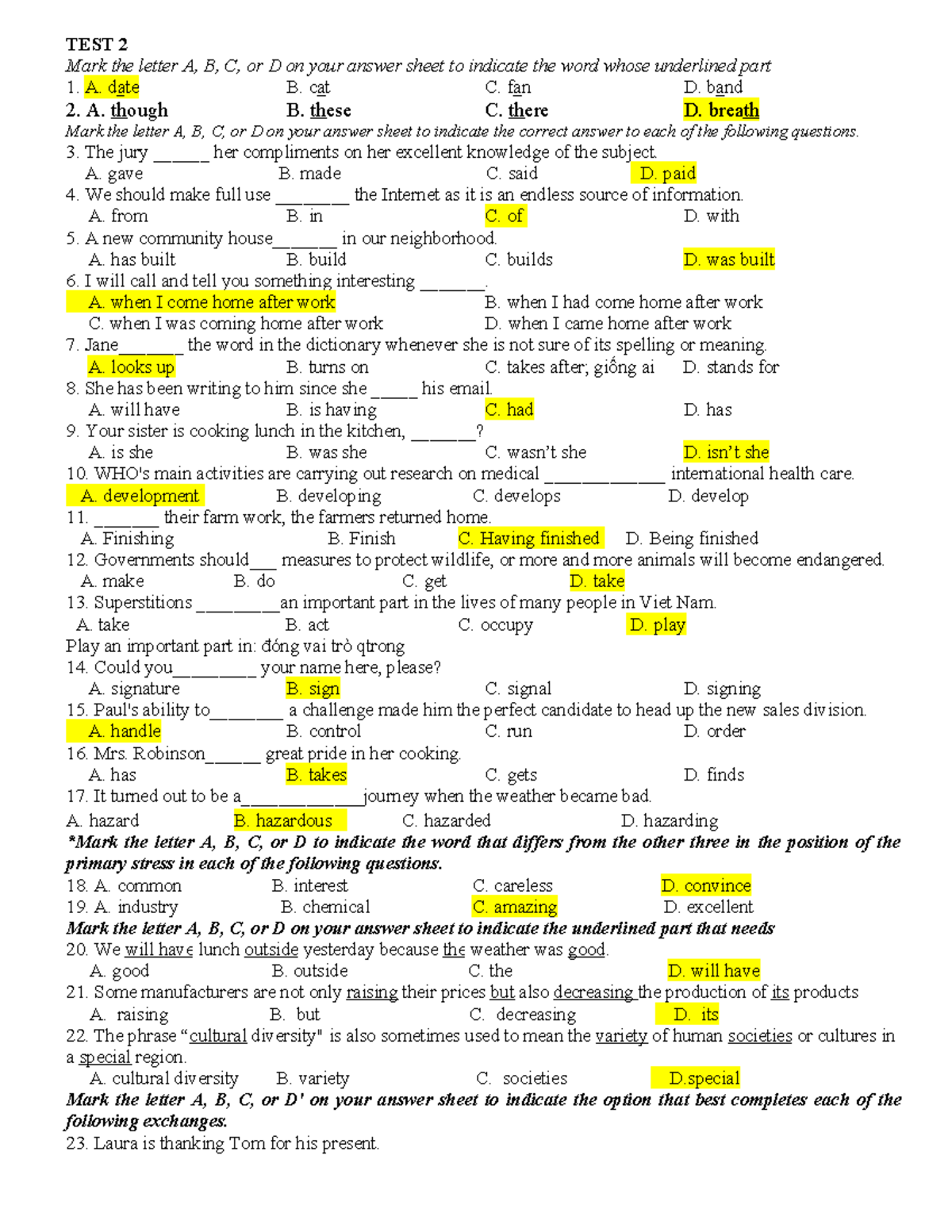 BÀI ÔN 2 (IN-L2) - TEST 2: Multiple Choice Questions and Answers - Studocu