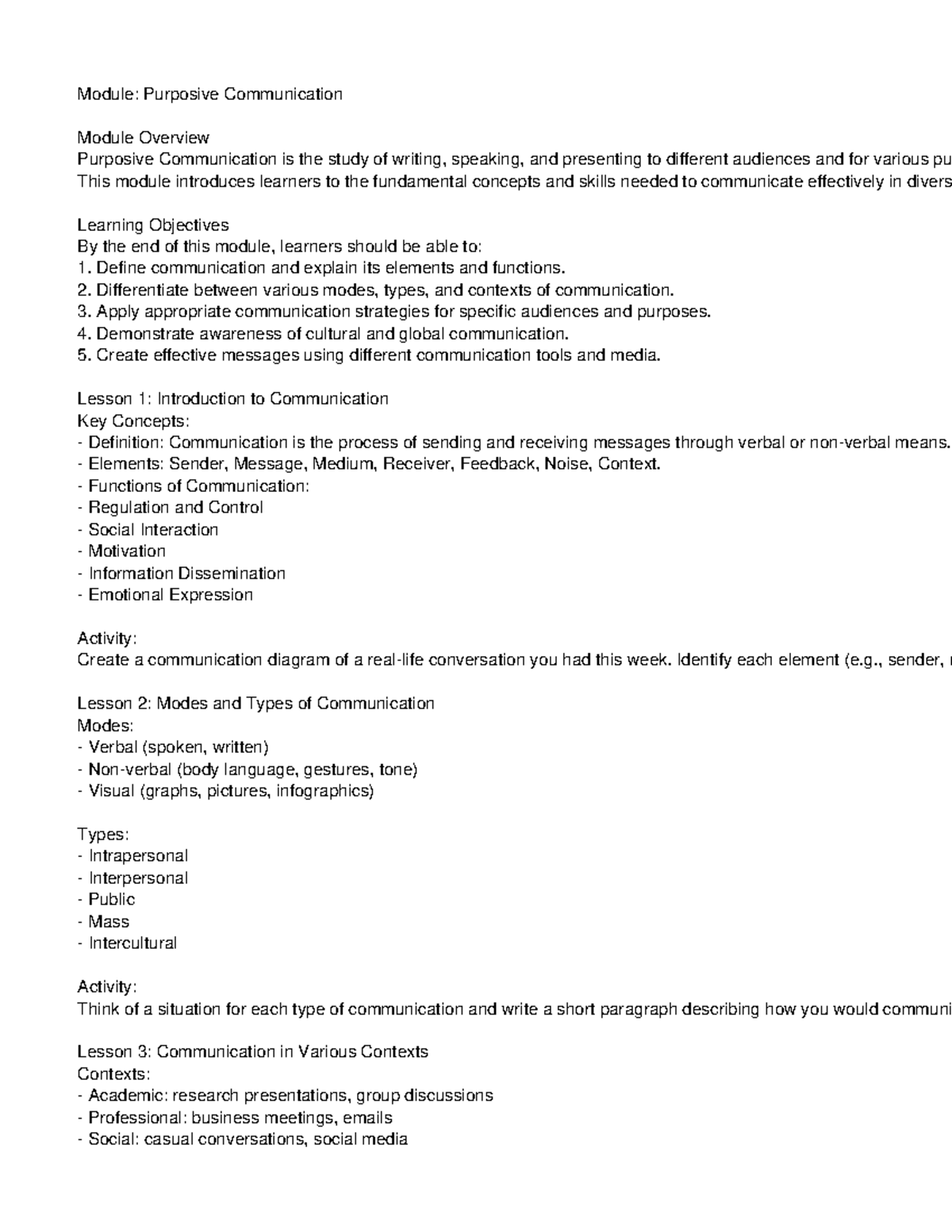 Purposive Communication Module Overview and Key Concepts - Studocu