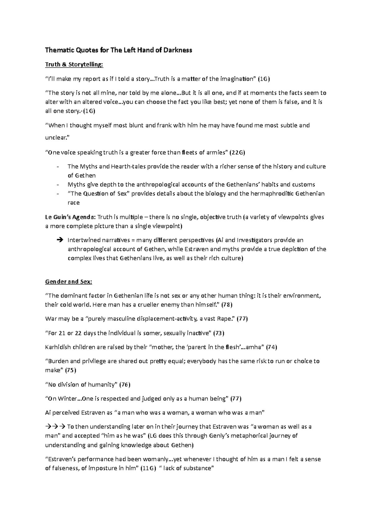 Thematic Quotes and Analysis from The Left Hand of Darkness - Studocu