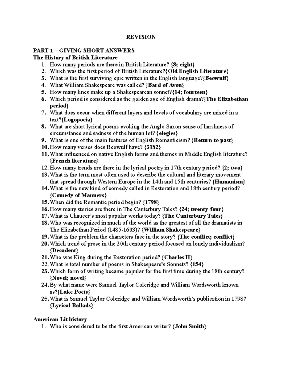 BAL- Revision 2023: Exploring British & American Literature - Studocu