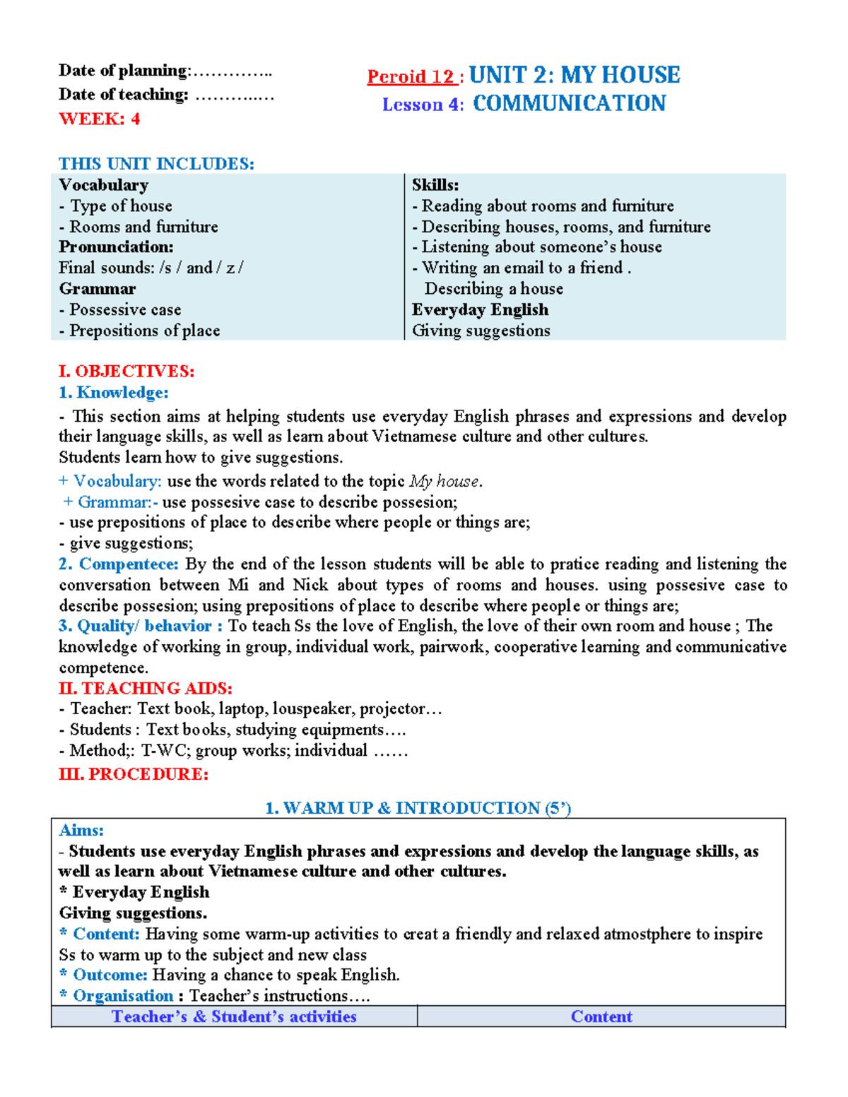 Unit 2 - Lesson 4: Communication Skills in My House - Studocu