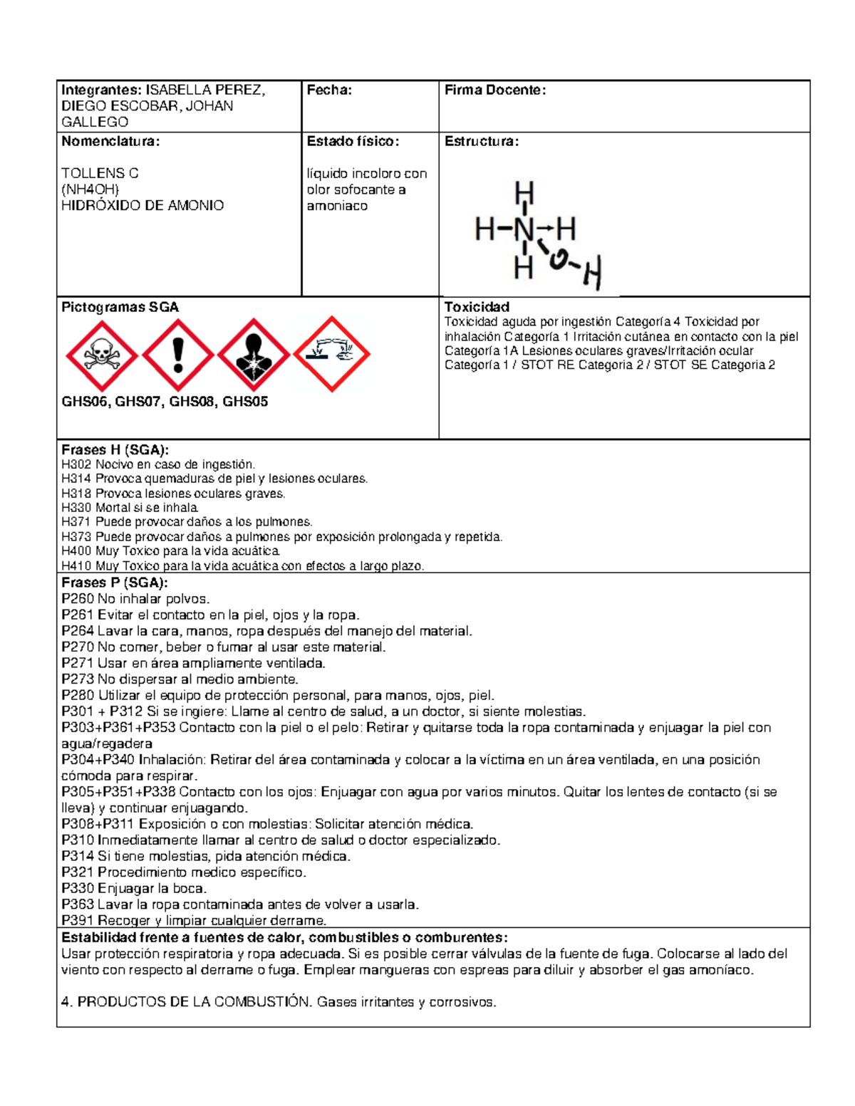 Informe sobre el Hidróxido de Amonio (NH4OH) y sus Peligros - TOLLENS C ...
