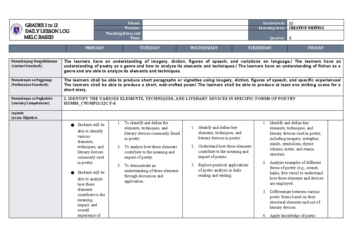 WEEK 3 - Daily Lesson Log for Grades 1-12: Creative Writing Techniques ...