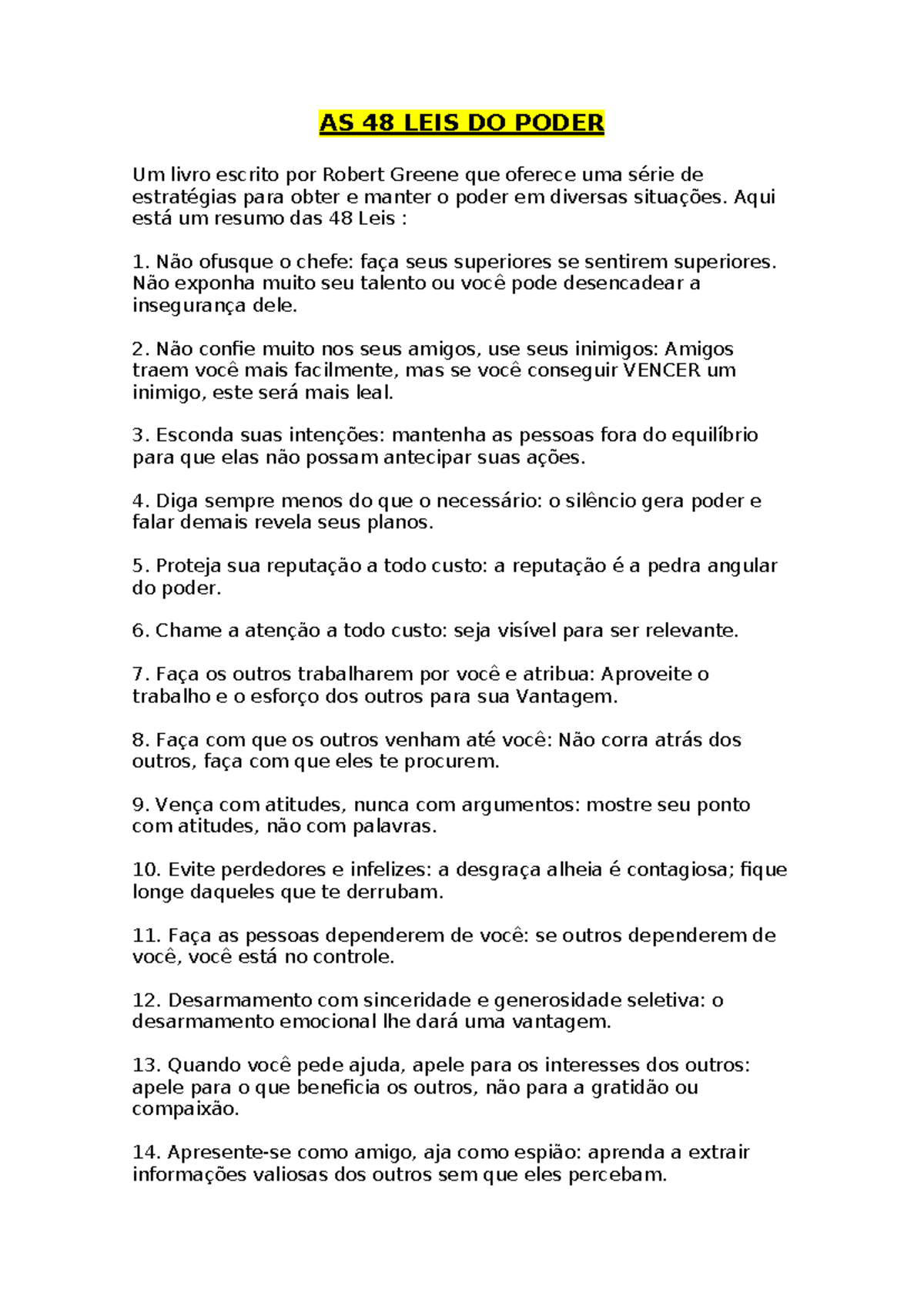 AS 48 LEIS DO PODER - Resumo e Estratégias de Robert Greene - Studocu