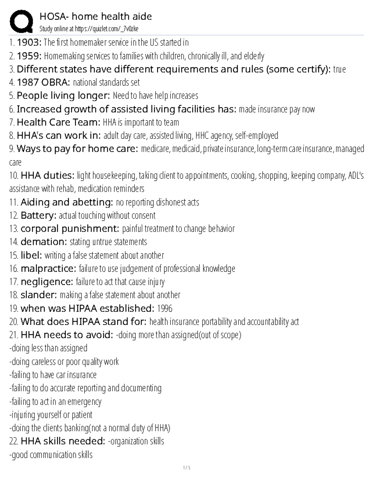 HOSA Home Health Aide Study Guide: Key Concepts and Skills - Studocu