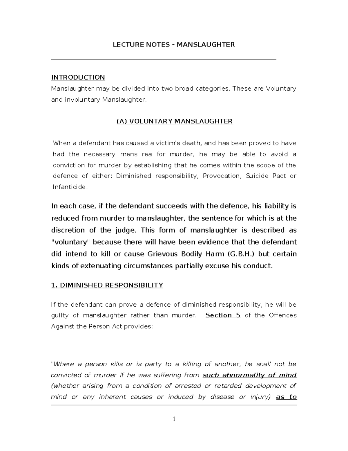 LECTURE NOTES: INTRODUCTION TO MANSLAUGHTER (LECT. 8) - Studocu