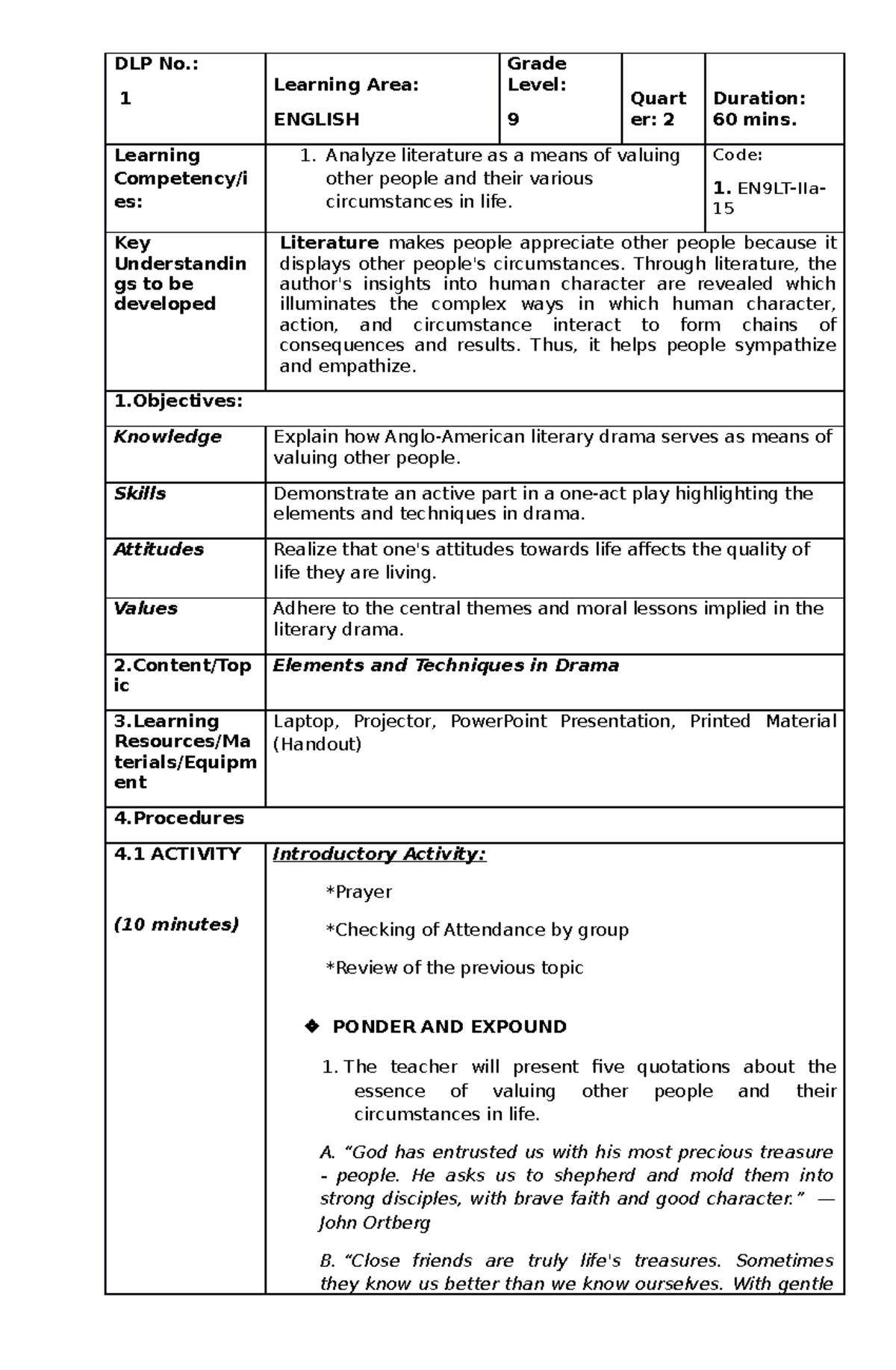 Group 3 DLP - Detailed Lesson Plan on Valuing Literature (EN9LT-IIa-15 ...