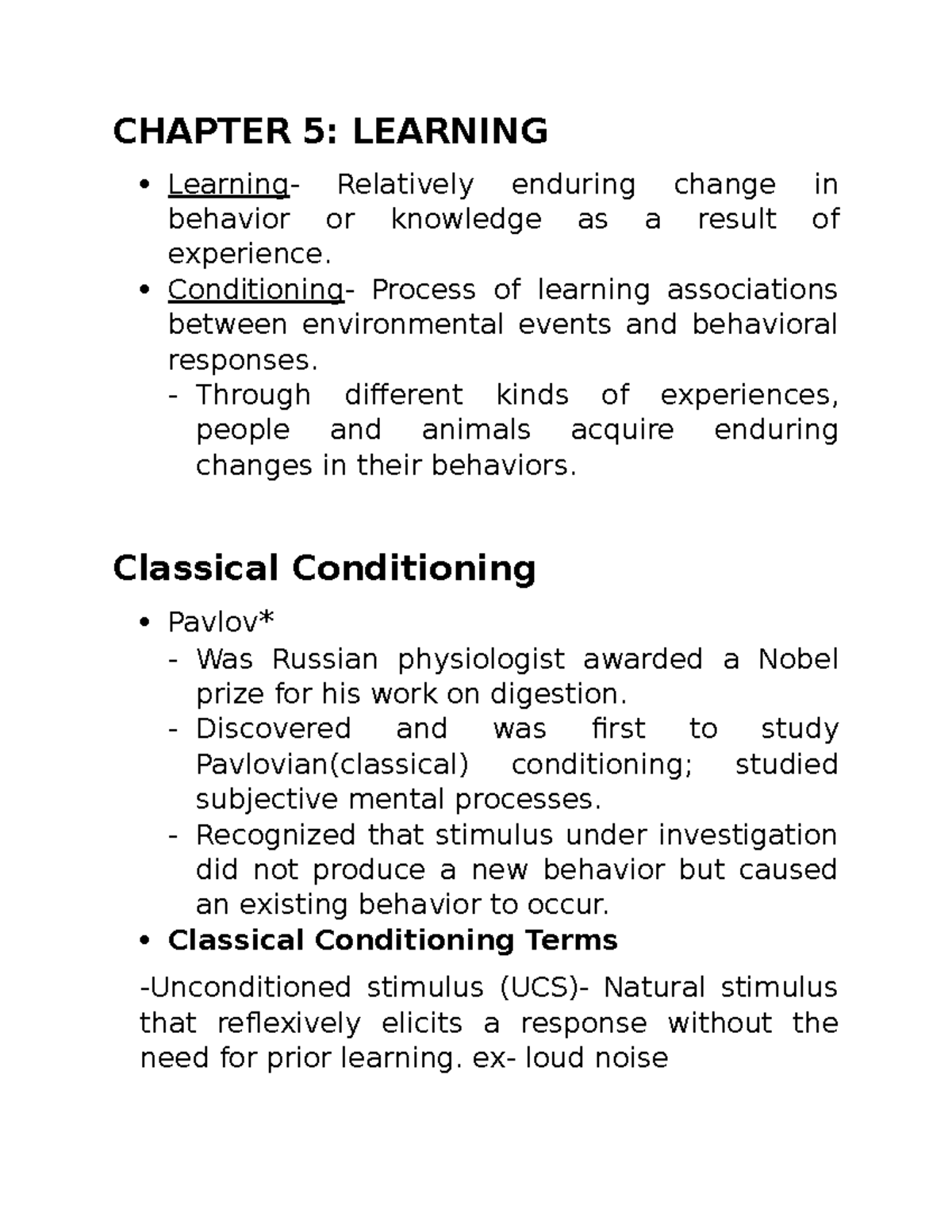 Psychology- Chapter 5- learning - CHAPTER 5: LEARNING Learning ...