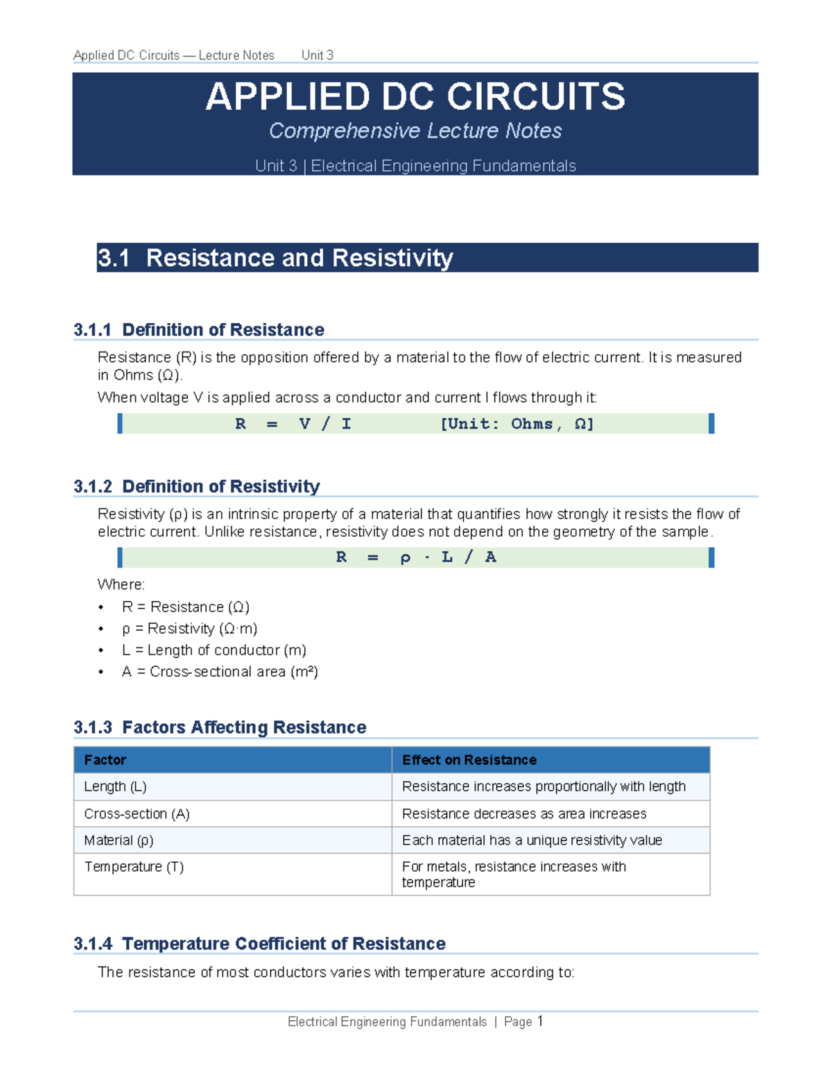 Applied DC Circuits Lecture Notes Unit 3: Resistance, Resistivity, and ...